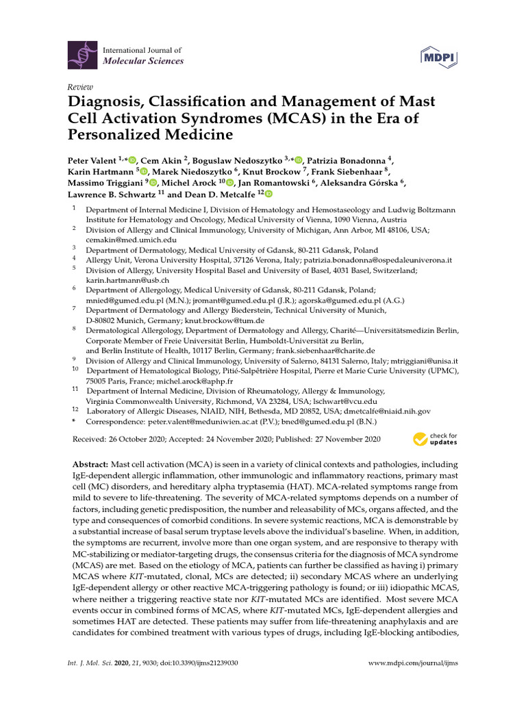 Diagnosis, Classification and Management of Mast Cell Activation Syndromes (MCAS) in The Era of ...