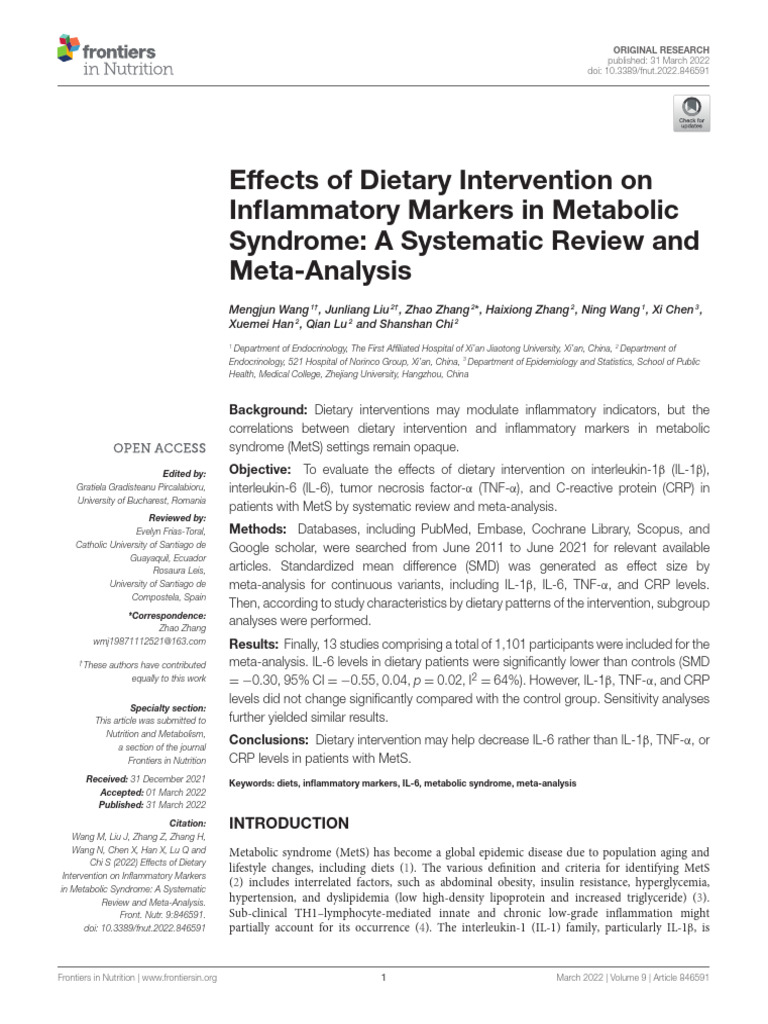 Effects of Dietary Intervention On Inflammatory Markers in Metabolic Syndrome A Systematic ...