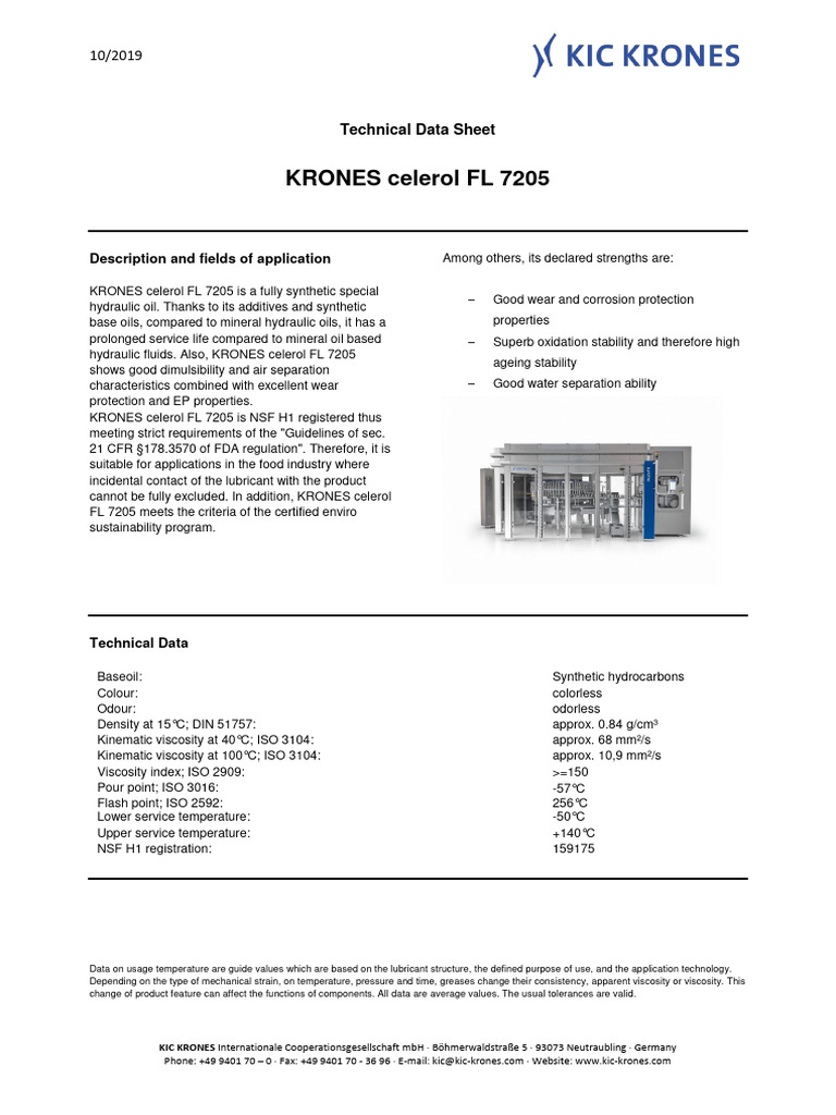 KRONES celerol FL 7205 Hydraulic Oil | PDF | Viscosity | Liquids