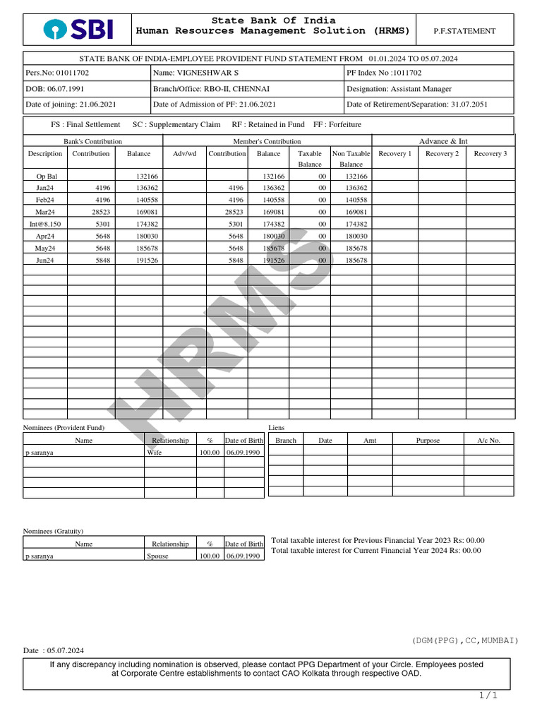SBI Employee PF Statement 2024 | PDF | Employee Relations | Business