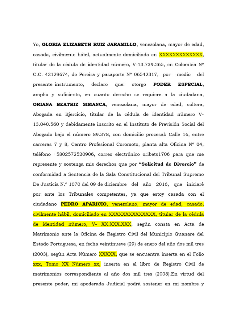 Poder Especial para Divorcio | PDF | Divorcio | Documento de identidad