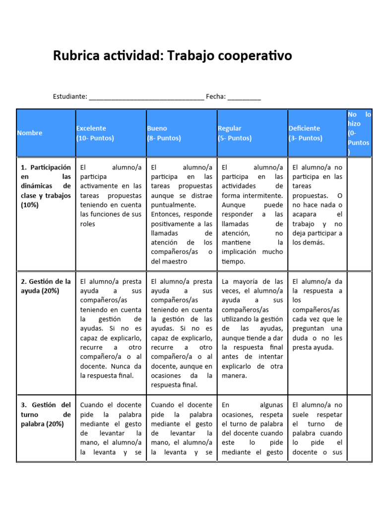 Rúbrica de Evaluación: Trabajo Cooperativo | PDF