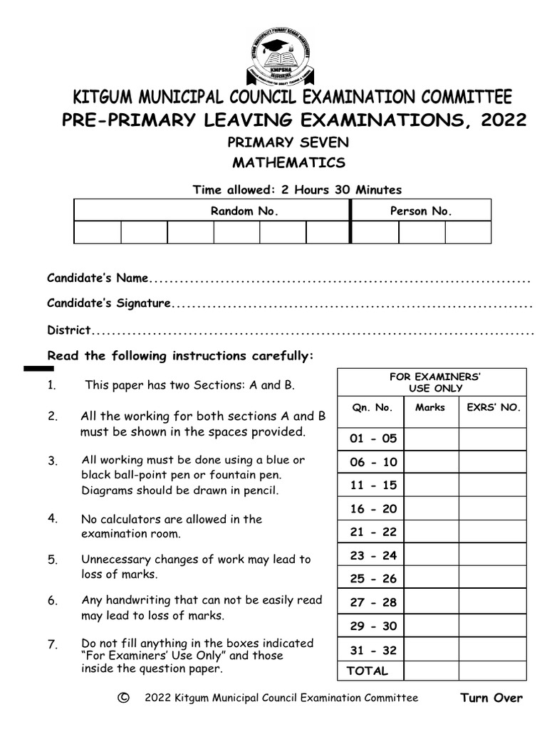 p7 Mathematics Pre Ple Examinations 2022 Kitgum Municipal Council ...