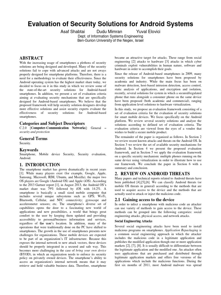 Evaluation of Security Solutions For Android Systems: Asaf Shabtai Dudu Mimran Yuval Elovici ...