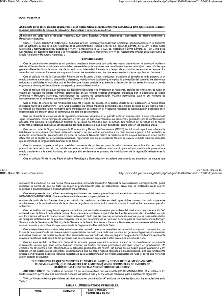 NOM 081 Limites maximos permisibles de ruido | PDF | ruido | México