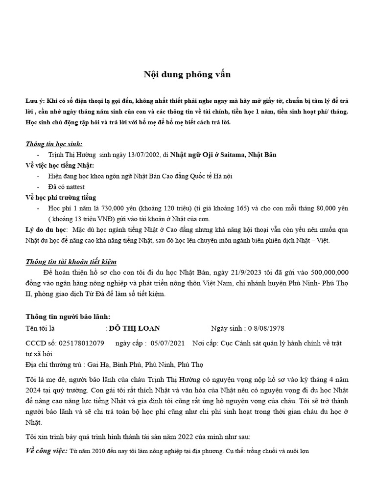 Trinh Thi Huong Nội Dung Phỏng Vấn | PDF