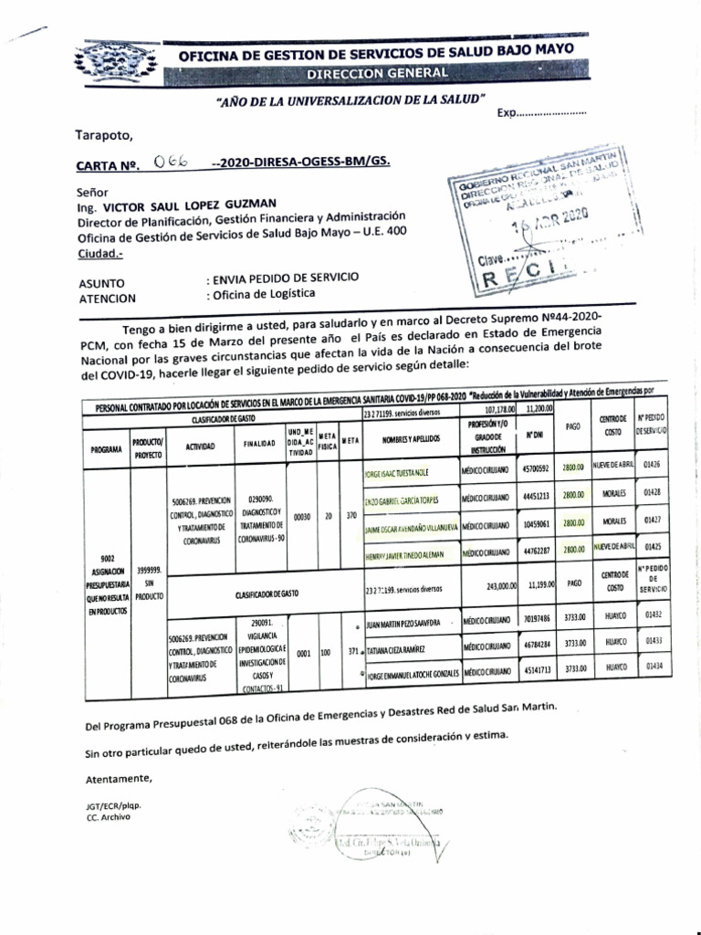 Pedido de Servicio Diresa Abril | PDF