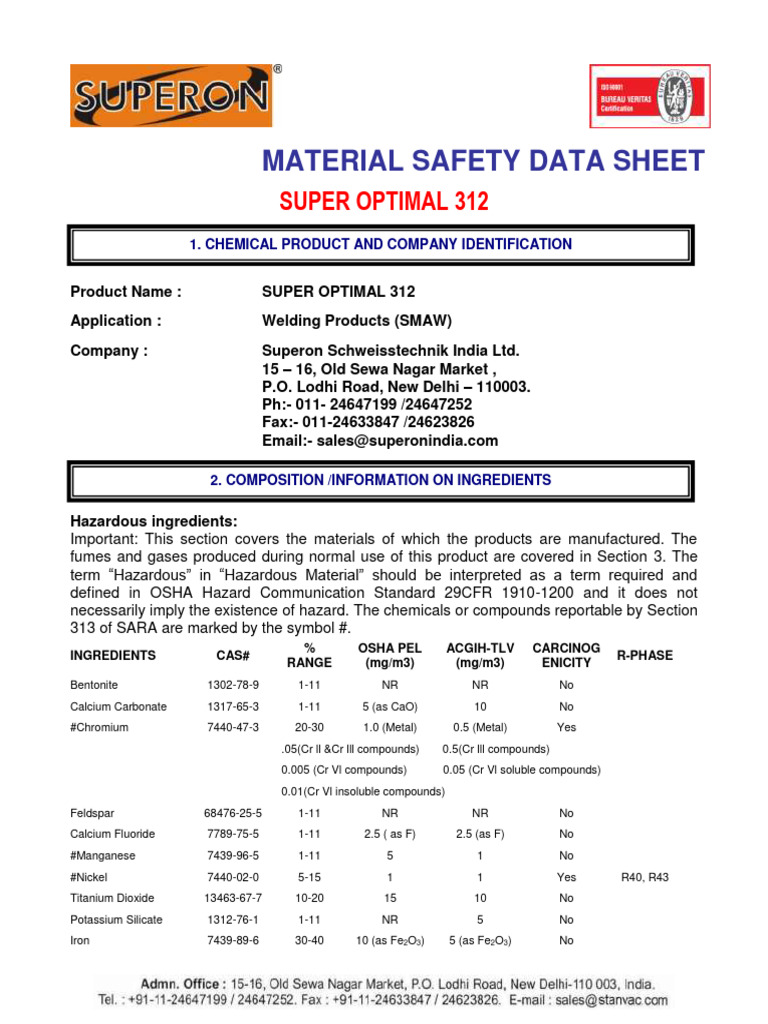 MSDS Super Optimal 312 | PDF | Welding | Construction