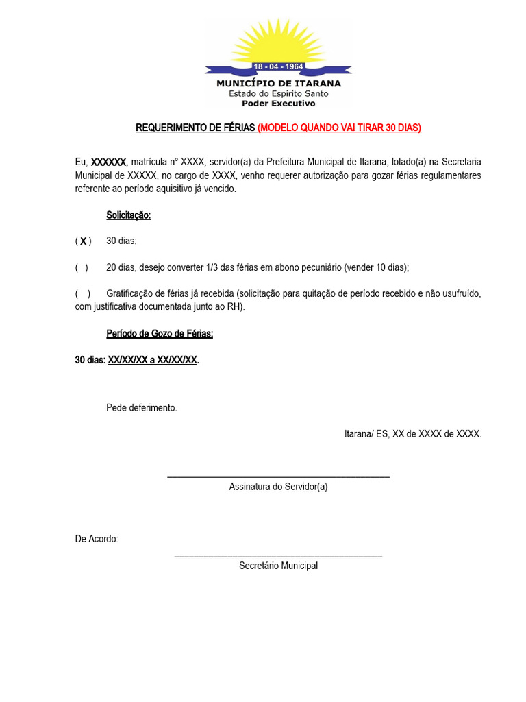 Modelo Requerimento de Férias Padrão | PDF | Férias trabalhistas ...