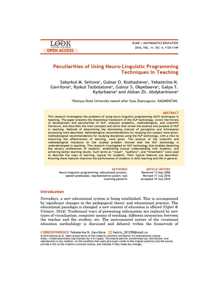 Peculiarities of Using Neuro Linguistic Programming Techniques in Teaching | PDF | Neuro ...