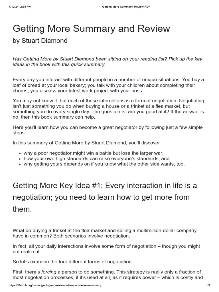 Getting More Summary, Review PDF | PDF | Negotiation | Goal