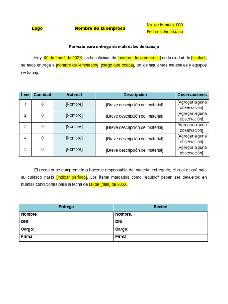 Plantilla-de-formato-de-entrega-de-materiales | PDF