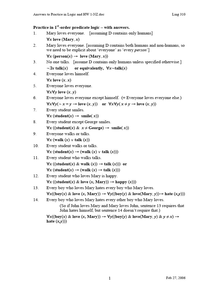 Answers To Practice in Logic and HW 1-NZ | PDF | Logic | Grammar
