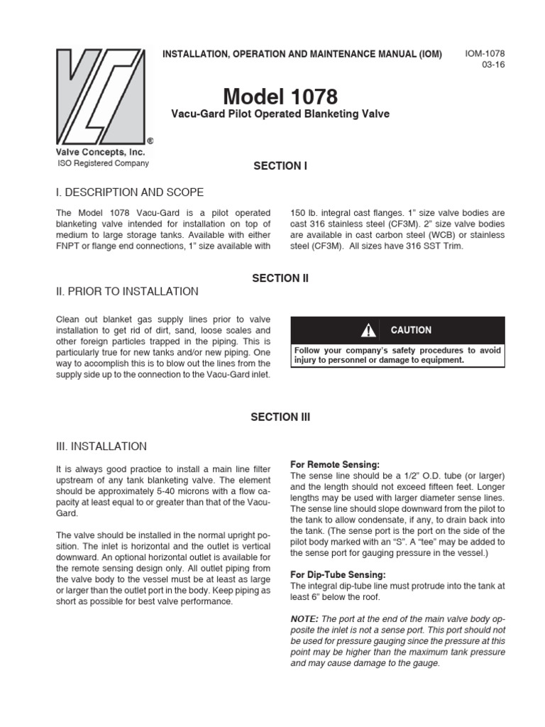 IOM Tank Blanketing Valves VCI CASHCO 1078 | PDF | Valve | Piston