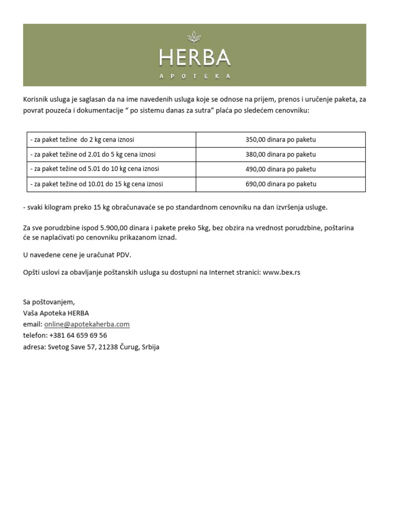Herba Cenovnik 2024 | PDF
