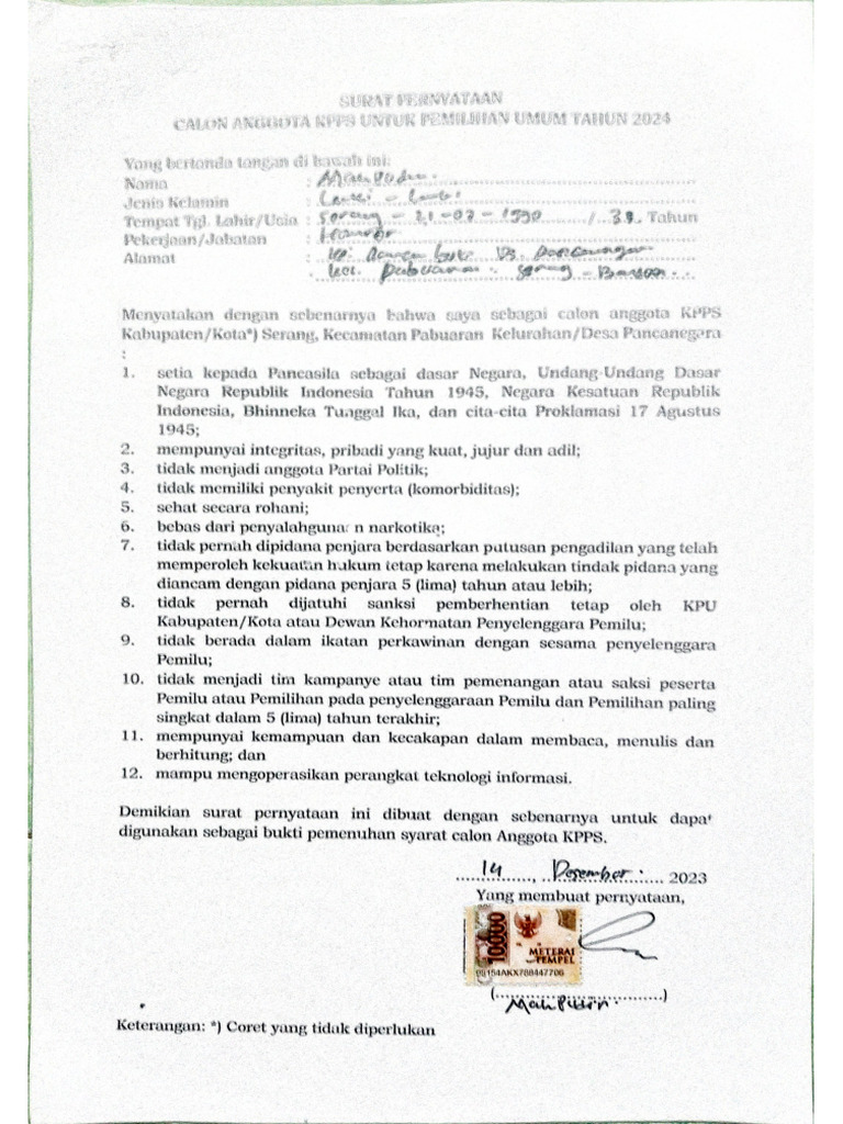 SURAT PERNYATAAN KPPS (p1) | PDF