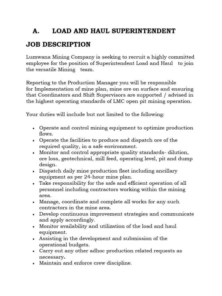 Load and Haul Superintendent | PDF | Mining | Leadership