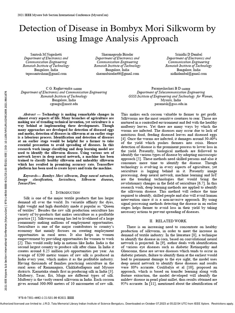 Detection of Disease in Bombyx Mori Silkworm by Using Image Analysis Approach | PDF | Deep ...
