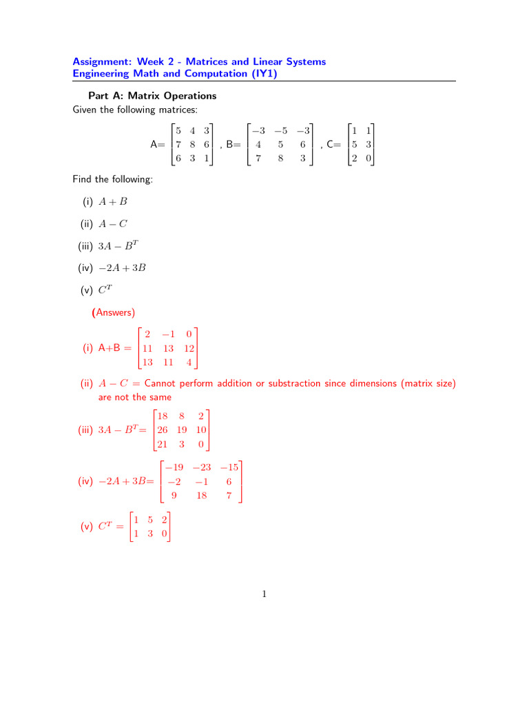 Week 2 - Matrices and Linear Systems (Answers) | PDF | Matrix ...