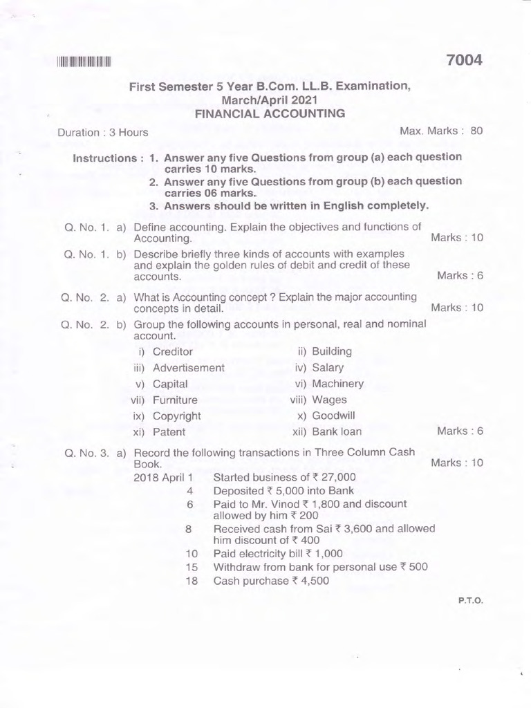 1st Sem BCom LLB Financial Accounting April 2021 | PDF | Banks | Cash