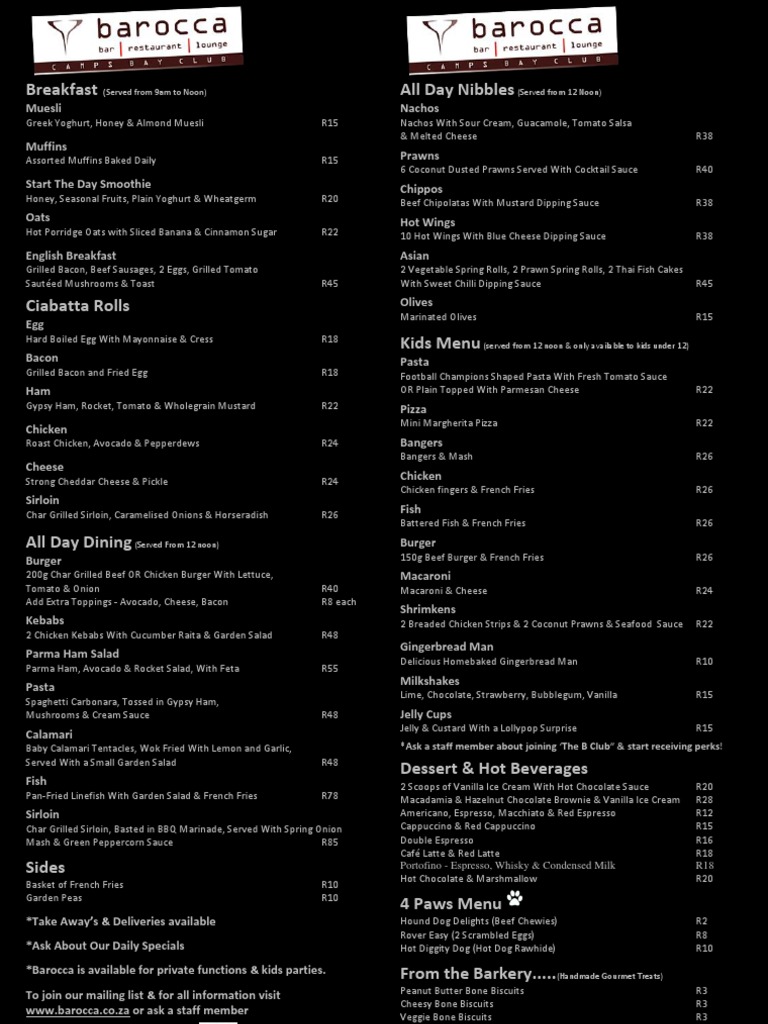 Barocca Menu | PDF | Hamburgers | Foods