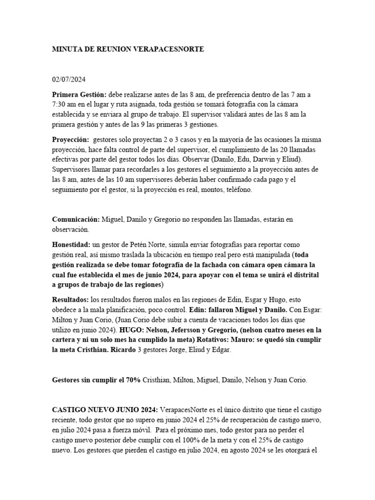 Minuta de Reunion Verapacesnorte | PDF | Finanzas y dinero