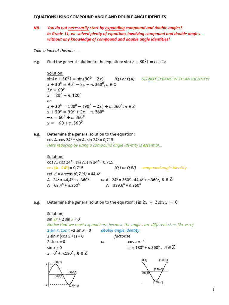 4 Trig. Equations Using Compound Angle and Double Angle Identities | PDF | Trigonometric ...