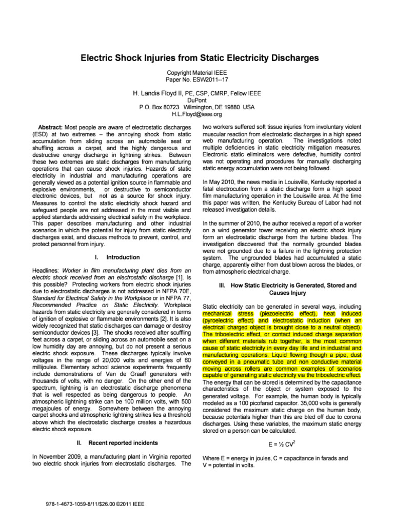 Electric shock injuries from static electricity discharges - floyd (2011) | Download Free PDF ...