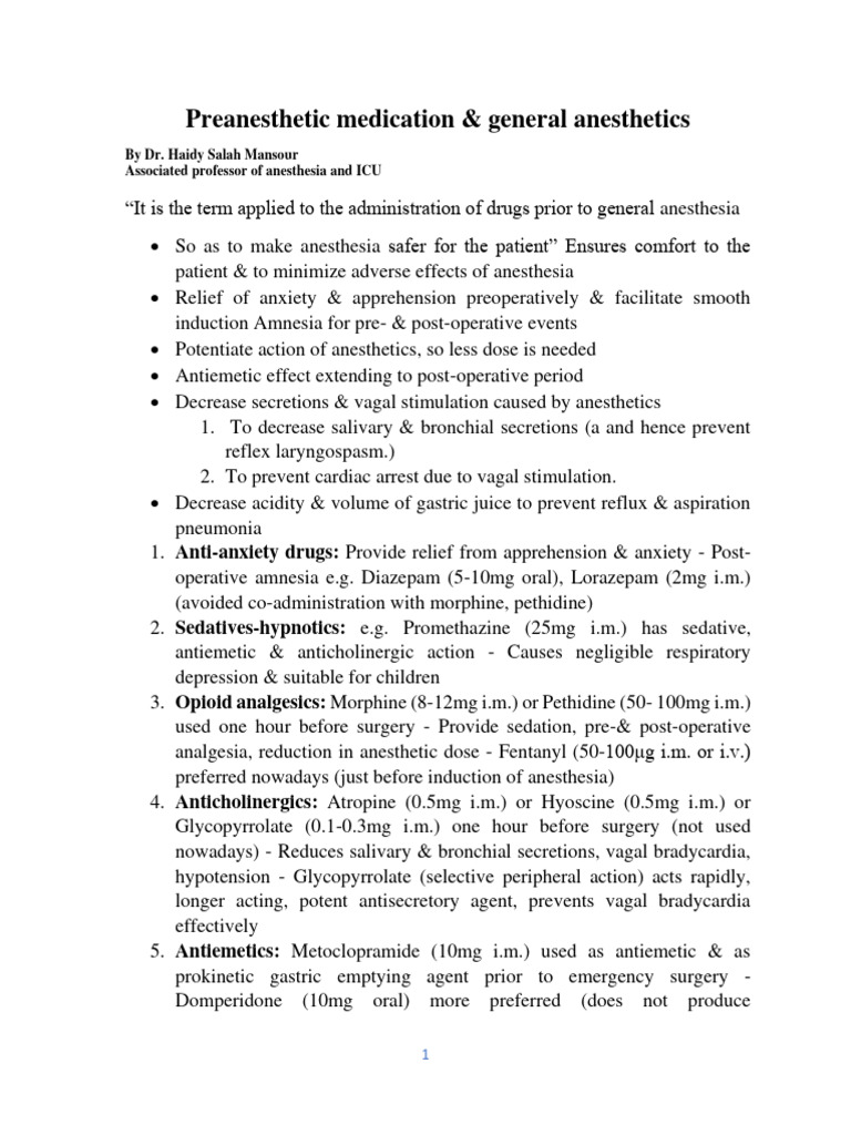 Preanesthetic Medications & General Anesthesia | PDF | Anesthesia ...