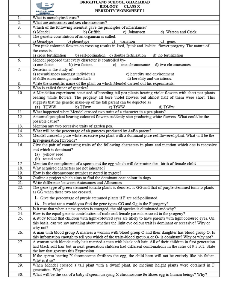 Class X Heredity Worksheet | PDF | Dominance (Genetics) | Heredity