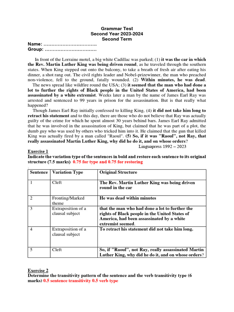 Grammar Test for Second-Year Students | PDF | Subject (Grammar) | Verb