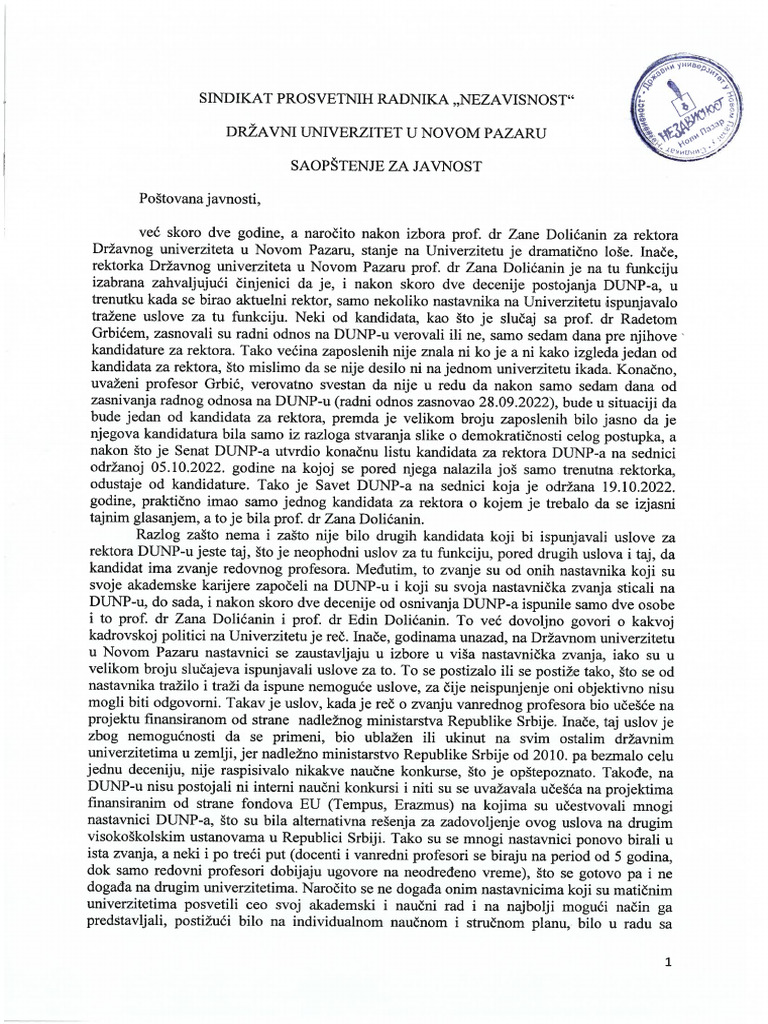 Saopstenje Za Javnost Kompletan Tekst | PDF