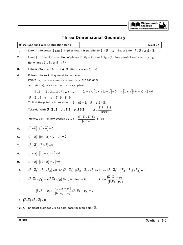 3D Geometry Miscellaneous Exercise Solutions | PDF | Euclidean Geometry ...