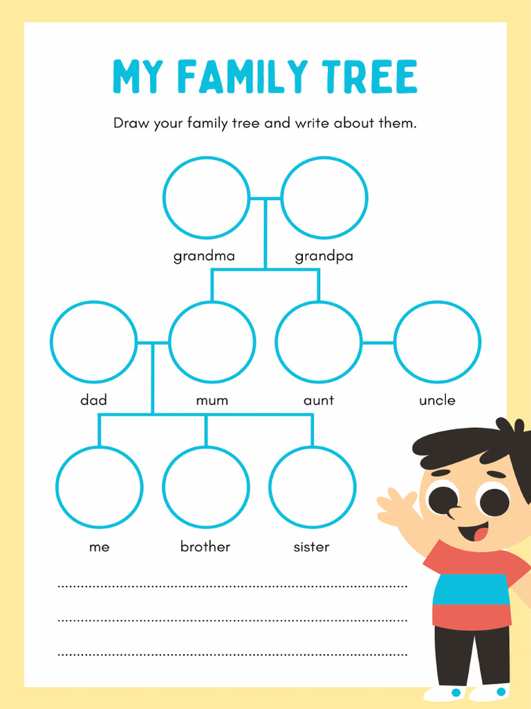 My Family Tree Worksheet in Yellow And Blue Cute Style | PDF