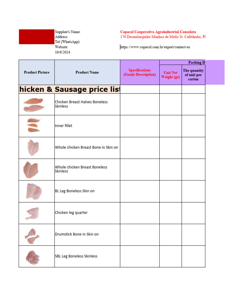 Copacol- Chicken & Sausage Price List | PDF | Meat | Poultry