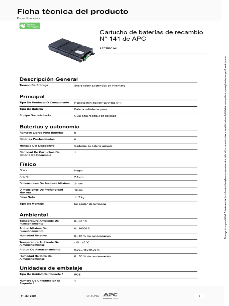 Cartucho de Batería APC APCRBC141 | PDF | Tecnología