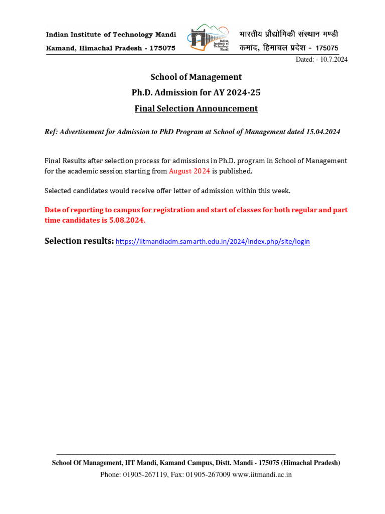 SOM PHD Final Selection Announcement July 2024 | PDF