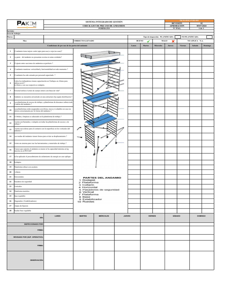PKM-HSE-FOR-001 Check list de pre uso de Andamios R.2 | PDF | Andamio