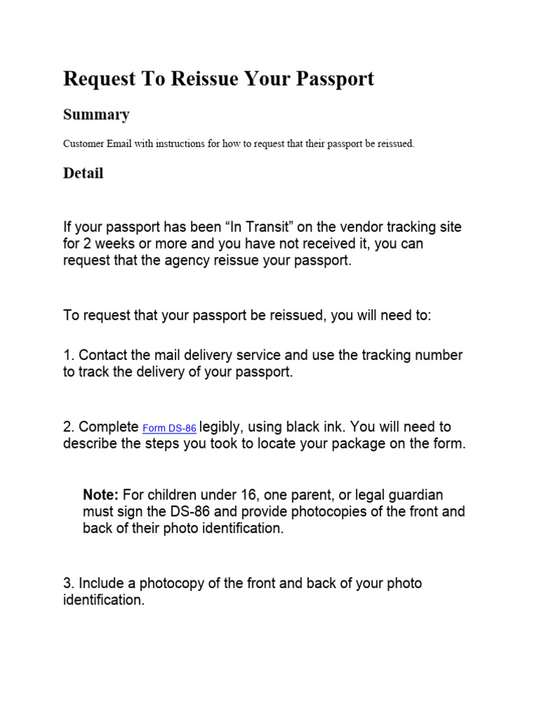 Request To Reissue Your Passport: Customer Email With Instructions For How To Request That Their ...