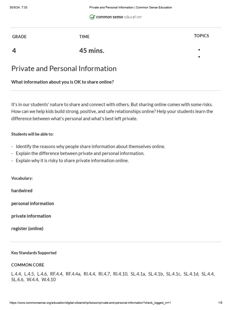 Private and Personal Information - Common Sense Education | PDF ...