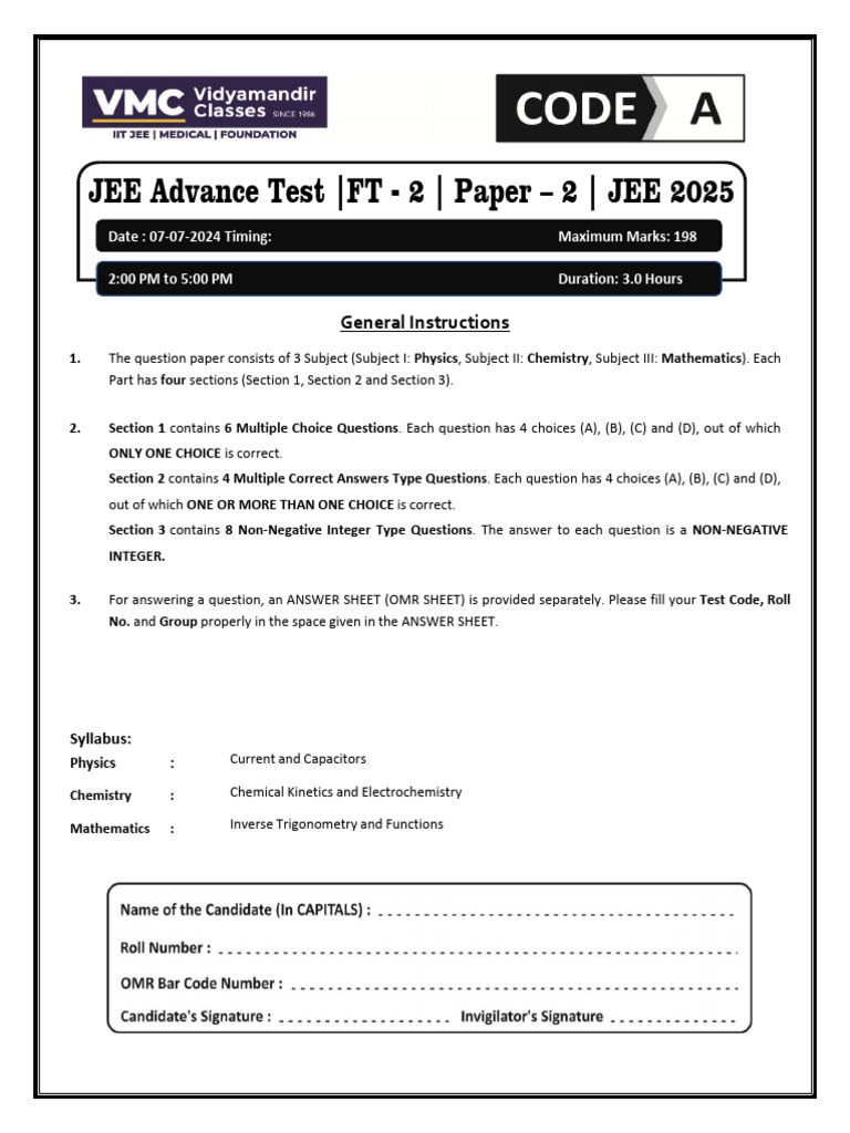 JEE Advance FT - 2 (Paper - 2) | PDF | Inductor | Capacitor