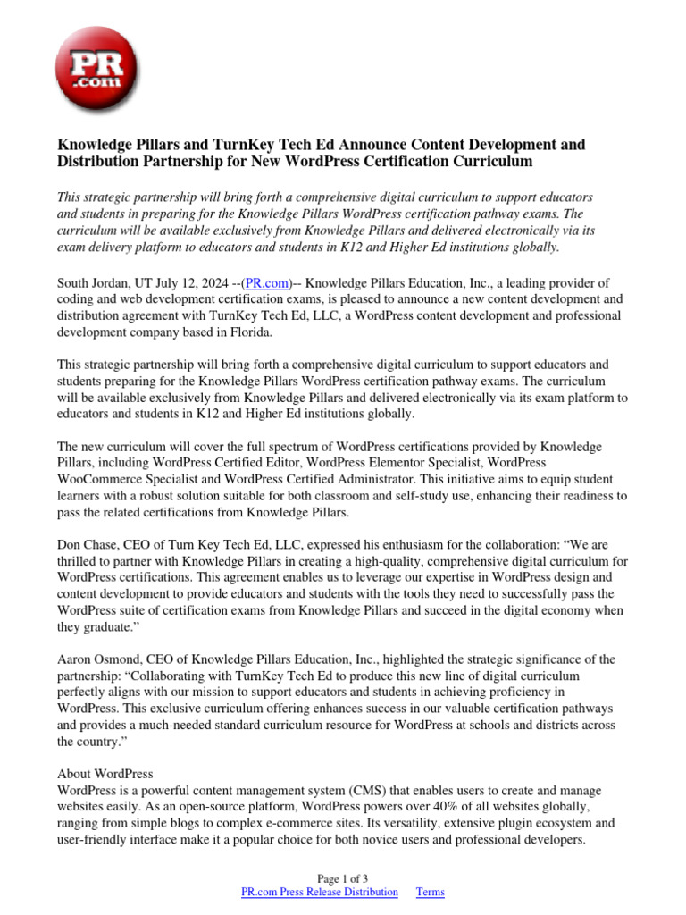 Knowledge Pillars and TurnKey Tech Ed Announce Content Development and Distribution Partnership ...