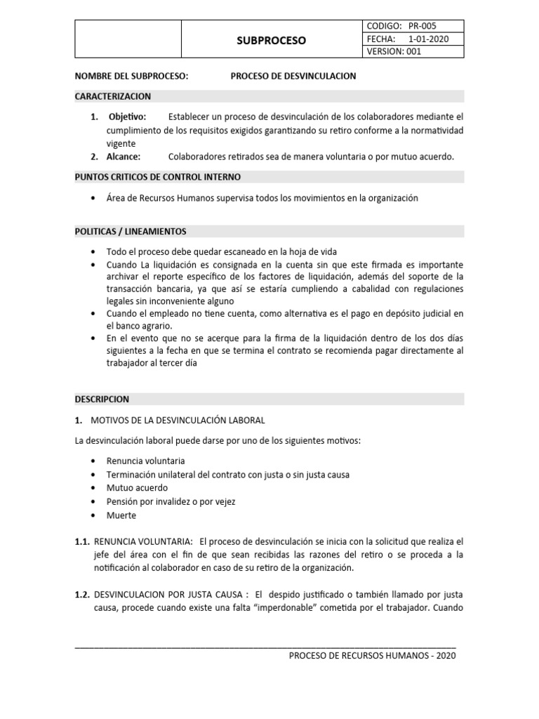 PR-005 Desvinculacion | PDF | Salario | Pensión