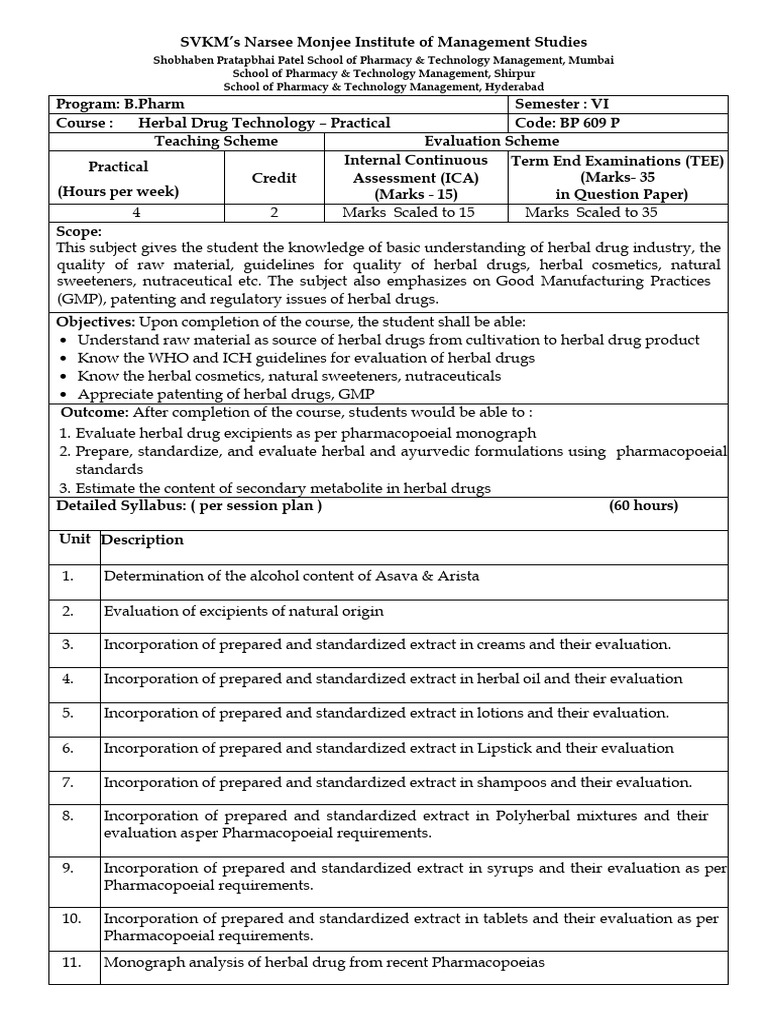 Herbal Drug Technology Practical Syllabus | PDF | Medicinal Plants ...