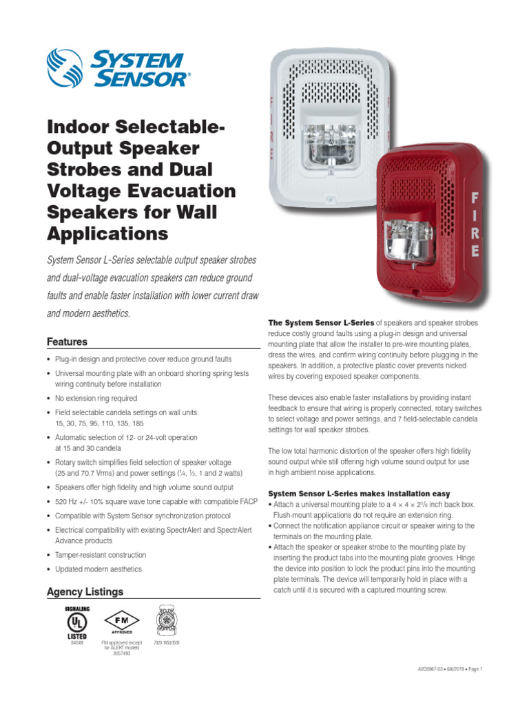 SPSRL L-Series - Speakers - Strobes - Wall - DataSheet - AVDS867 | PDF | Loudspeaker | Rectifier