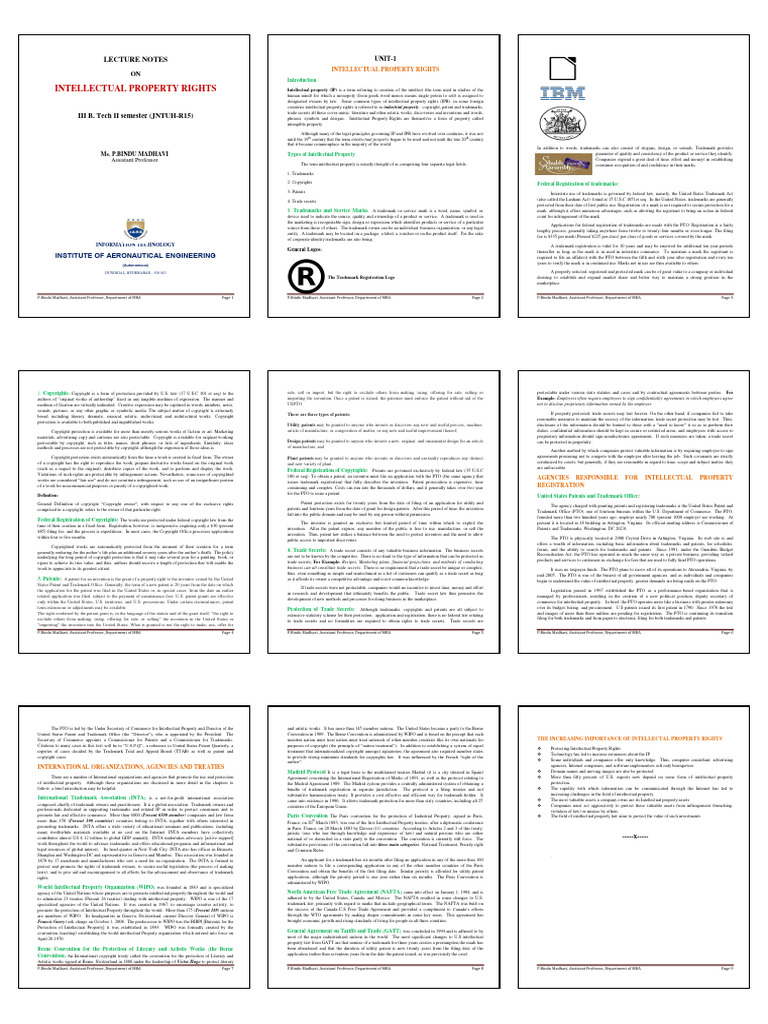 Ipr Notes | PDF | World Intellectual Property Organization | Patent