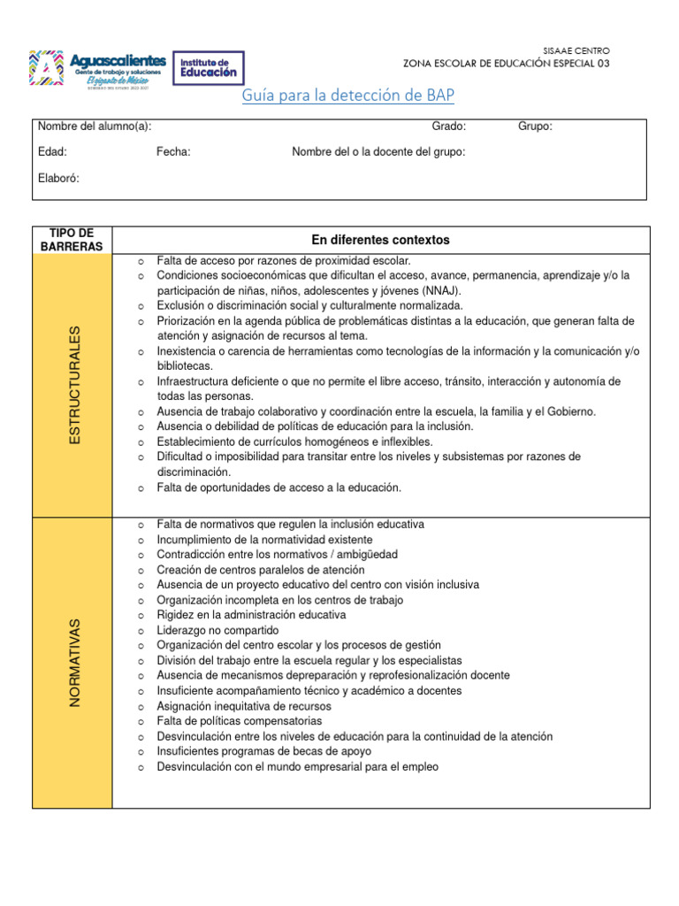 Guía para La Detección de Las Bap | PDF | Inclusión (Educación) | Enseñando