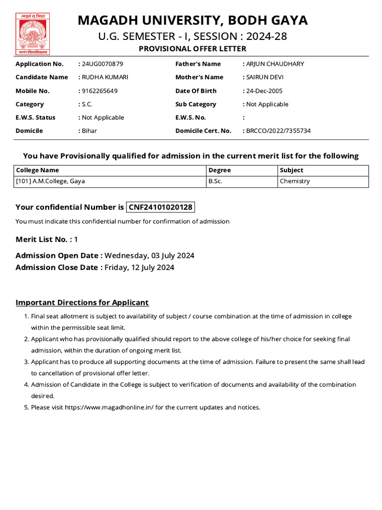 (Admissions 2024-28) Magadh University, Bodh Gaya | PDF