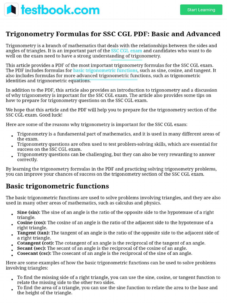Trigonometry Formulas For SSC CGL PDF - Basic and Advanced | PDF