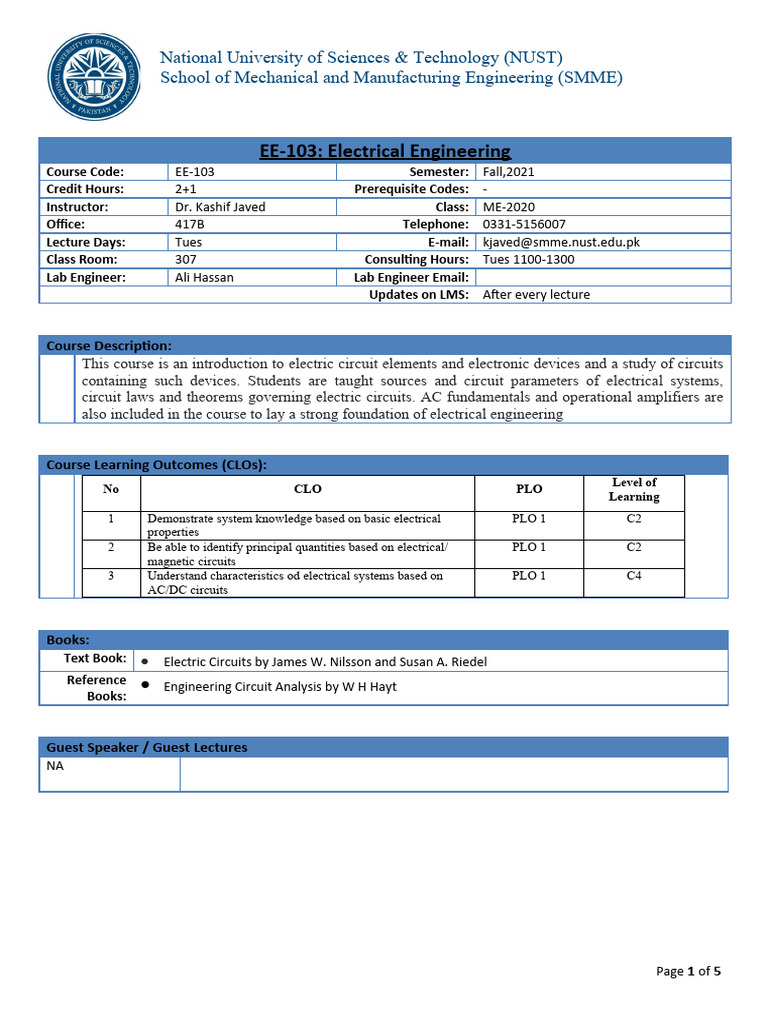 Course Outline-EE-201 Electrical Engineering | PDF | Voltage | Series ...